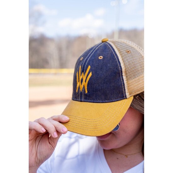 WVU Legacy Baseball Logo Navy & Yellow Old Favorite Trucker Hat